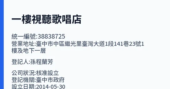 一樓視聽歌唱店的照片-統編 38838725(臺中市) 公司登記資料與營業項目詳細圖表