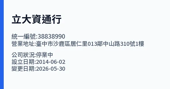 立大資通行的照片-統編 38838990(臺中市) 公司登記資料與營業項目詳細圖表