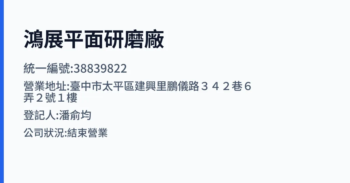 鴻展平面研磨廠 - 統編 38839822(臺中市) 公司登記資料與營業項目詳細圖表