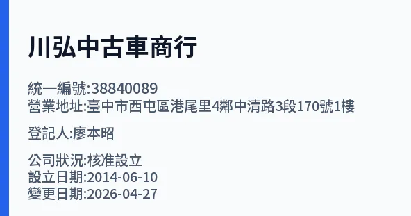 川弘中古車商行的照片-統編 38840089(臺中市) 公司登記資料與營業項目詳細圖表