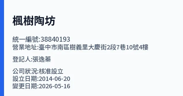 楓樹陶坊的照片-統編 38840193(臺中市) 公司登記資料與營業項目詳細圖表