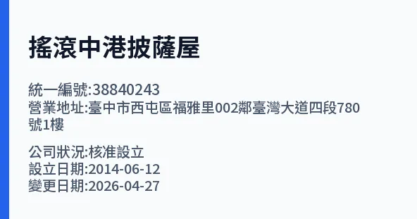 搖滾中港披薩屋的照片-統編 38840243(臺中市) 公司登記資料與營業項目詳細圖表