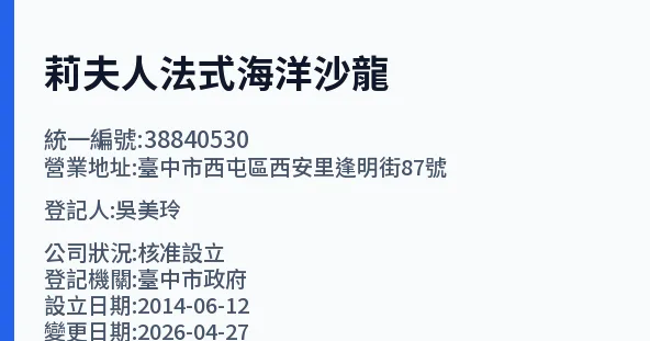 莉夫人法式海洋沙龍的照片-統編 38840530(臺中市) 公司登記資料與營業項目詳細圖表