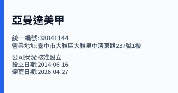 亞曼達美甲的照片-統編 38841144(臺中市) 公司登記資料與營業項目詳細圖表