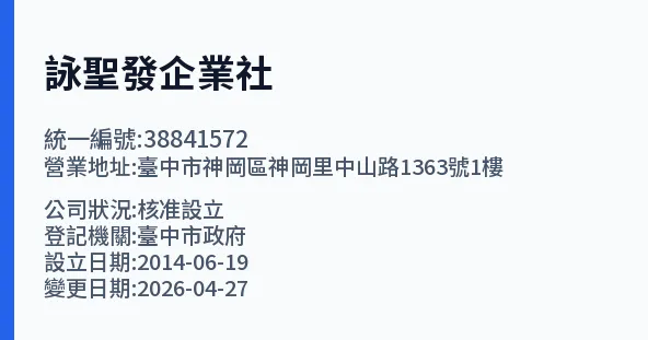 詠聖發企業社的照片-統編 38841572(臺中市) 公司登記資料與營業項目詳細圖表