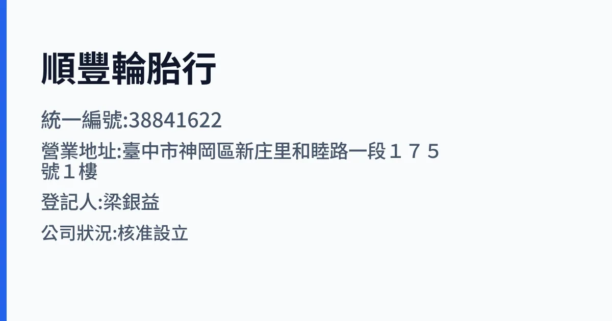 順豐輪胎行 - 統編 38841622(臺中市) 公司登記資料與營業項目詳細圖表