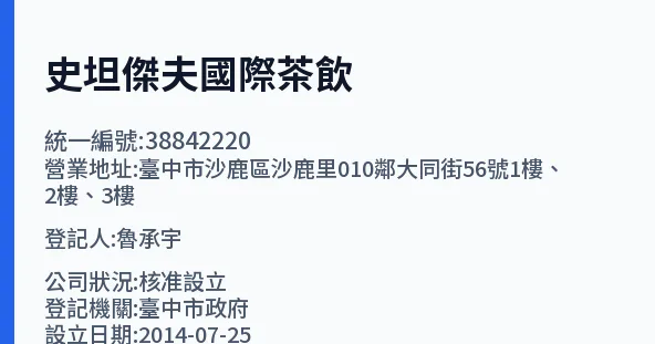 史坦傑夫國際茶飲的照片-統編 38842220(臺中市) 公司登記資料與營業項目詳細圖表