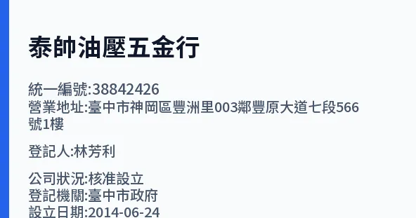 泰帥油壓五金行的照片-統編 38842426(臺中市) 公司登記資料與營業項目詳細圖表