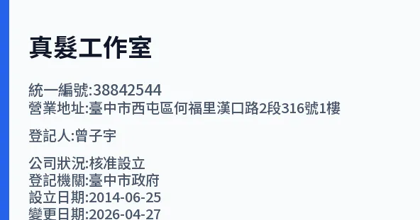 真髮工作室的照片-統編 38842544(臺中市) 公司登記資料與營業項目詳細圖表