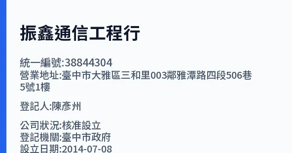 振鑫通信工程行的照片-統編 38844304(臺中市) 公司登記資料與營業項目詳細圖表