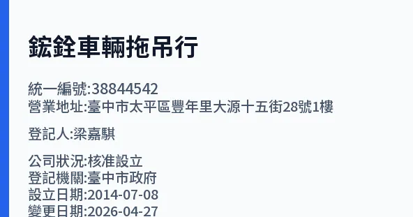 鋐銓車輛拖吊行的照片-統編 38844542(臺中市) 公司登記資料與營業項目詳細圖表