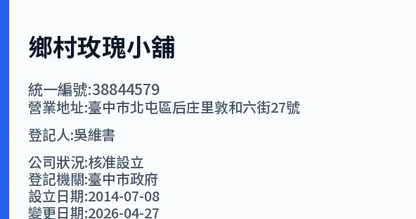 鄉村玫瑰小舖的照片-統編 38844579(臺中市) 公司登記資料與營業項目詳細圖表