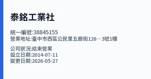 泰銘工業社的照片-統編 38845155(臺中市) 公司登記資料與營業項目詳細圖表