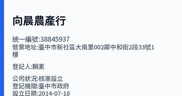向晨農產行的照片-統編 38845937(臺中市) 公司登記資料與營業項目詳細圖表
