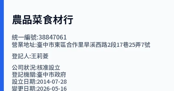 農品菜食材行的照片-統編 38847061(臺中市) 公司登記資料與營業項目詳細圖表