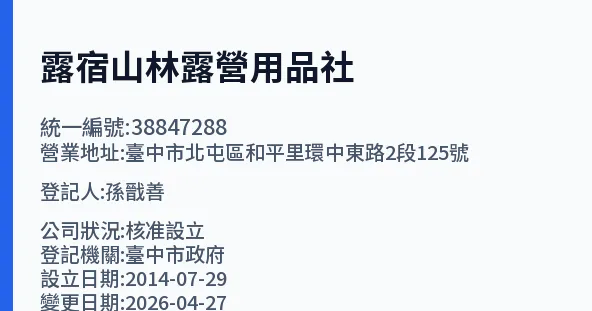 露宿山林露營用品社的照片-統編 38847288(臺中市) 公司登記資料與營業項目詳細圖表