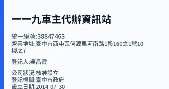 一一九車主代辦資訊站的照片-統編 38847463(臺中市) 公司登記資料與營業項目詳細圖表