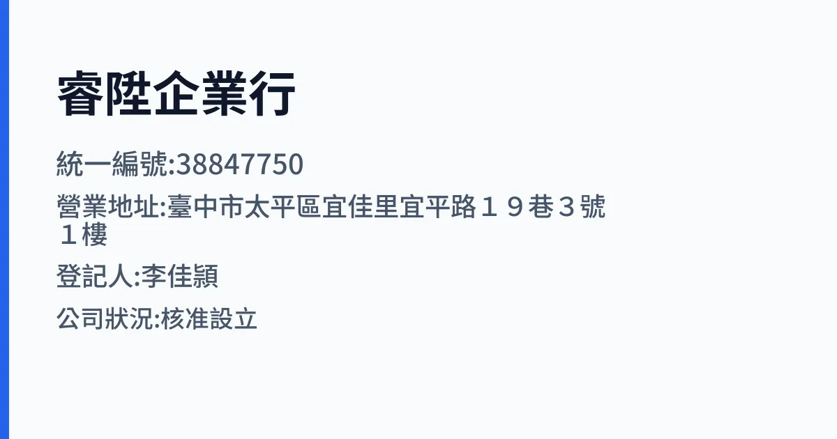 睿陞企業行 - 統編 38847750(臺中市) 公司登記資料與營業項目詳細圖表