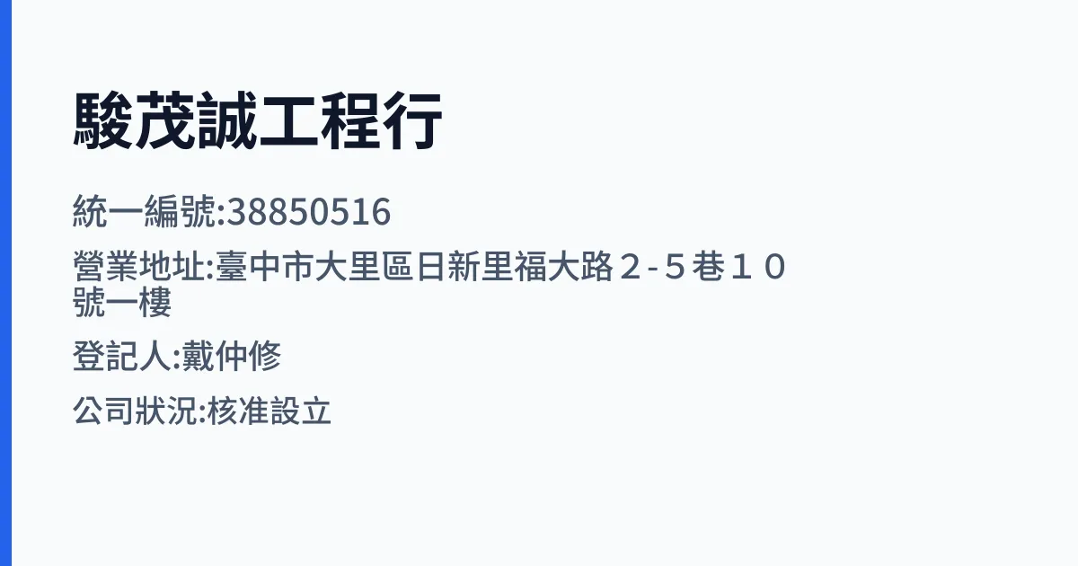 駿茂誠工程行 - 統編 38850516(臺中市) 公司登記資料與營業項目詳細圖表