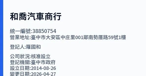 和喬汽車商行的照片-統編 38850754(臺中市) 公司登記資料與營業項目詳細圖表