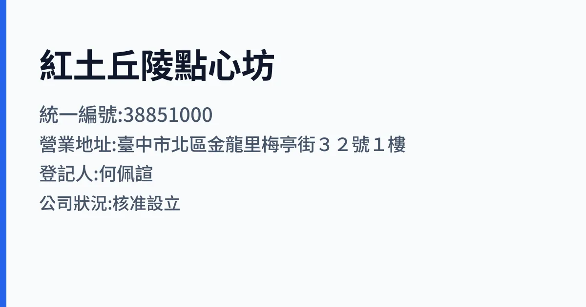 紅土丘陵點心坊 - 統編 38851000(臺中市) 公司登記資料與營業項目詳細圖表