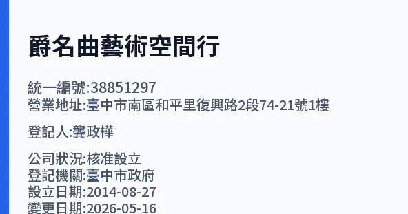 爵名曲藝術空間行的照片-統編 38851297(臺中市) 公司登記資料與營業項目詳細圖表