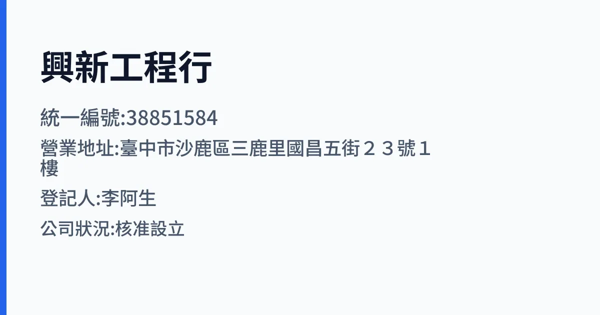 興新工程行 - 統編 38851584(臺中市) 公司登記資料與營業項目詳細圖表