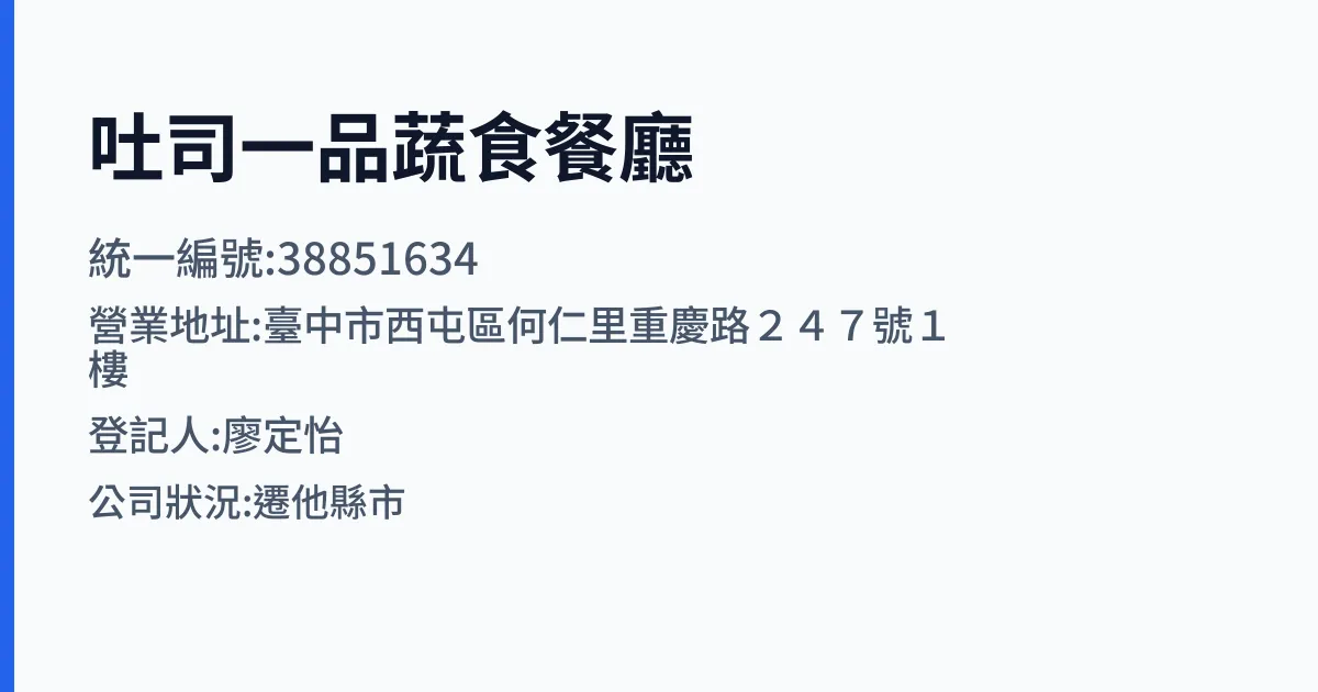 吐司一品蔬食餐廳 - 統編 38851634(南投縣) 公司登記資料與營業項目詳細圖表