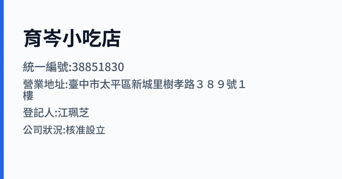 育岑小吃店 - 統編 38851830(臺中市) 公司登記資料與營業項目詳細圖表