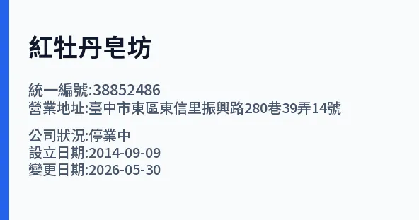 紅牡丹皂坊的照片-統編 38852486(臺中市) 公司登記資料與營業項目詳細圖表