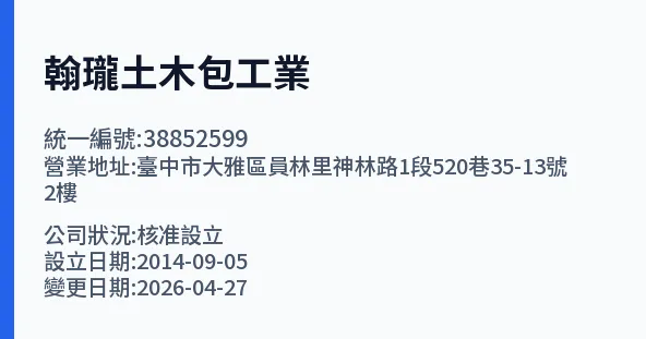 翰瓏土木包工業的照片-統編 38852599(臺中市) 公司登記資料與營業項目詳細圖表
