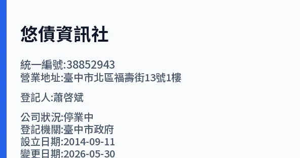 悠債資訊社的照片-統編 38852943(臺中市) 公司登記資料與營業項目詳細圖表