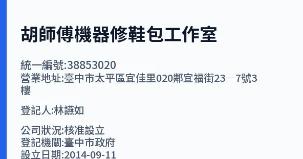 胡師傅機器修鞋包工作室的照片-統編 38853020(臺中市) 公司登記資料與營業項目詳細圖表