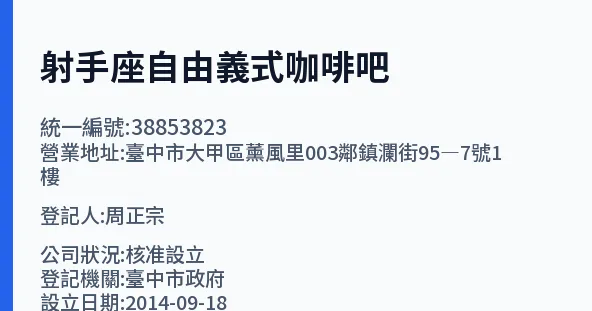 射手座自由義式咖啡吧的照片-統編 38853823(臺中市) 公司登記資料與營業項目詳細圖表