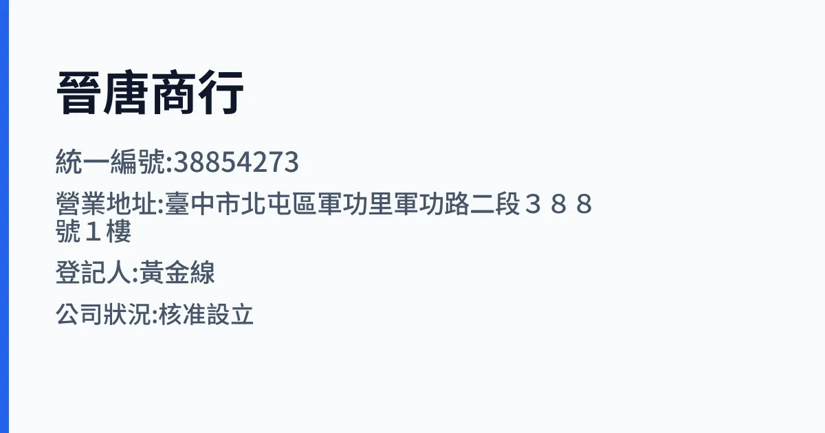 晉唐商行 - 統編 38854273(臺中市) 公司登記資料與營業項目詳細圖表