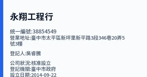 永翔工程行的照片-統編 38854549(臺中市) 公司登記資料與營業項目詳細圖表