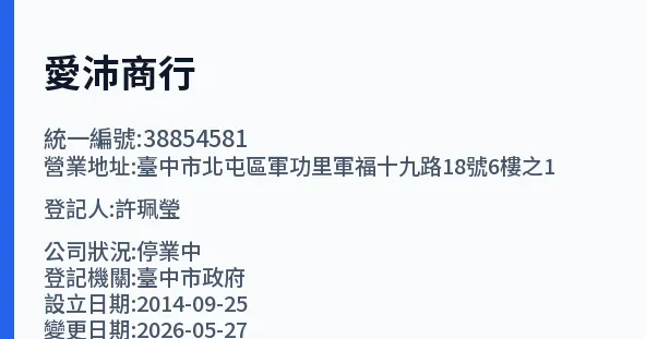 愛沛商行的照片-統編 38854581(臺中市) 公司登記資料與營業項目詳細圖表