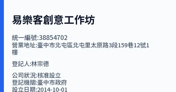 易樂客創意工作坊的照片-統編 38854702(臺中市) 公司登記資料與營業項目詳細圖表
