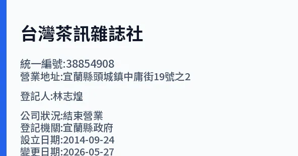 台灣茶訊雜誌社的照片-統編 38854908(宜蘭縣) 公司登記資料與營業項目詳細圖表