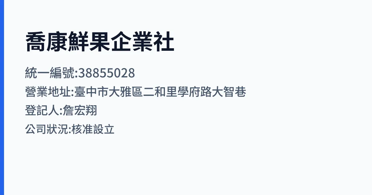喬康鮮果企業社 - 統編 38855028(臺中市) 公司登記資料與營業項目詳細圖表