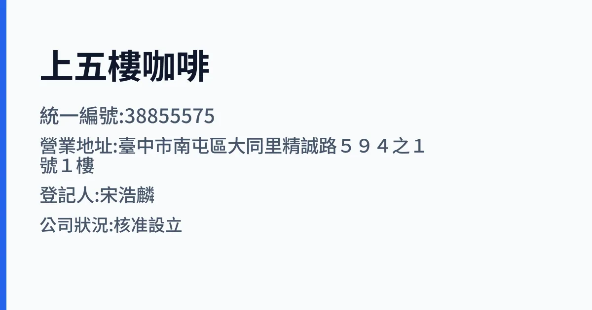 上五樓咖啡 - 統編 38855575(臺中市) 公司登記資料與營業項目詳細圖表