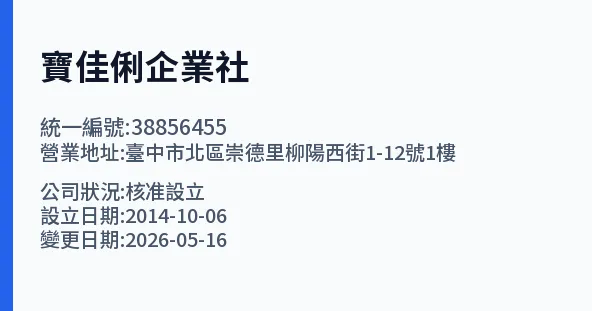 寶佳俐企業社的照片-統編 38856455(臺中市) 公司登記資料與營業項目詳細圖表