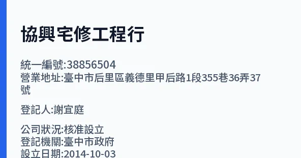 協興宅修工程行的照片-統編 38856504(臺中市) 公司登記資料與營業項目詳細圖表