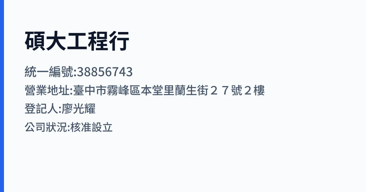 碩大工程行 - 統編 38856743(臺中市) 公司登記資料與營業項目詳細圖表