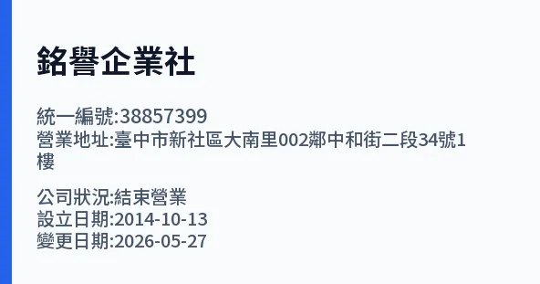 銘譽企業社的照片-統編 38857399(臺中市) 公司登記資料與營業項目詳細圖表