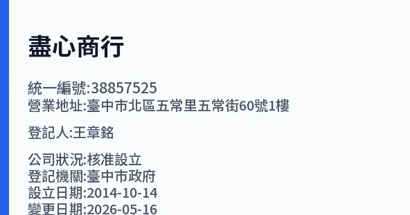 盡心商行的照片-統編 38857525(臺中市) 公司登記資料與營業項目詳細圖表