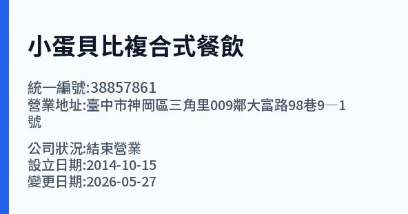 小蛋貝比複合式餐飲的照片-統編 38857861(臺中市) 公司登記資料與營業項目詳細圖表