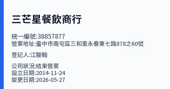 三芒星餐飲商行的照片-統編 38857877(臺中市) 公司登記資料與營業項目詳細圖表