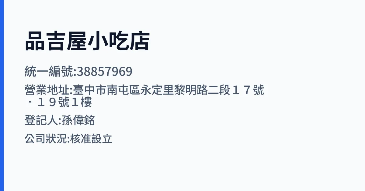 品吉屋小吃店 - 統編 38857969(臺中市) 公司登記資料與營業項目詳細圖表