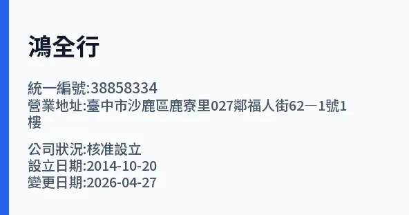 鴻全行的照片-統編 38858334(臺中市) 公司登記資料與營業項目詳細圖表